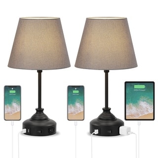 Black Bedside Lamps Set of 2, USB Charging Port and AC Outlet - Bed ...