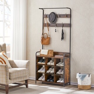 Coat & Shoe Rack with 7 Hooks, 1 Hanging Rod, 3-in-1 Entryway Coat Rack ...