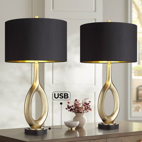 Modern Gold Table Lamps Set of 2 with Dual USB Ports - 29" x 16" - Bed ...