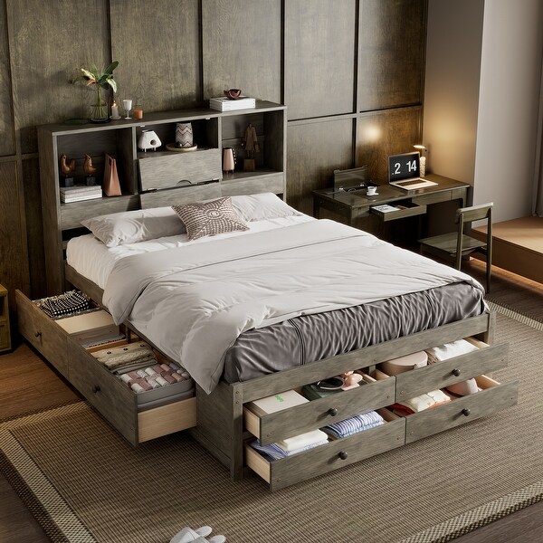 Storage Platform Bed with Open Storage Headboard and 8 Drawers Underneath Wooden Bed Frame Slat Support No Box Spring Needed
