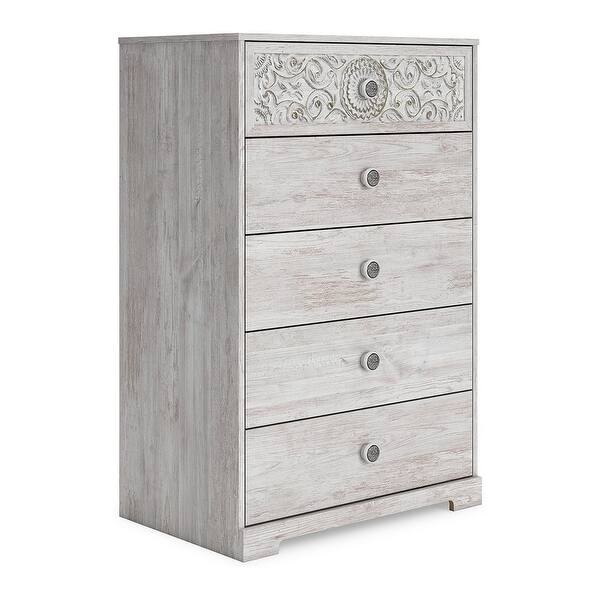 46 Inch 5 Drawer Modern Tall Dresser Chest, Whitewashed Carved Design ...