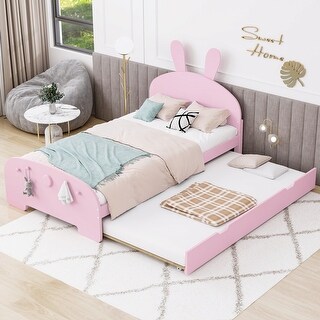 Wood Platform Bed with Cartoon Ears Shaped Headboard and Trundle - Bed ...