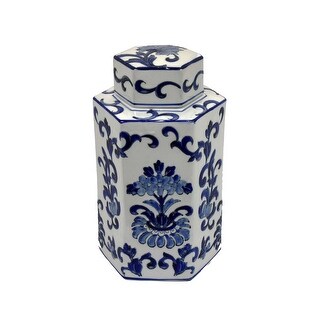Deno 13 Inch Decorative Jar with Lid, Ceramic, Floral Design, Blue ...