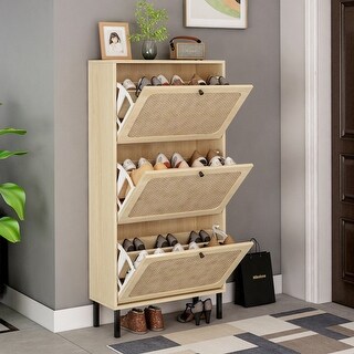 Freestanding Modern Shoe Rack Storage with 3 Natural Rattan Door - Bed ...