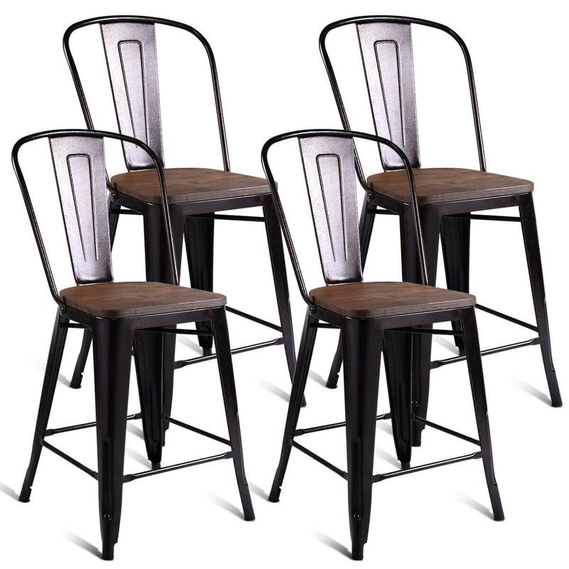 Costway Copper Set of 4 Metal Wood Counter Stool Kitchen Dining Bar ...
