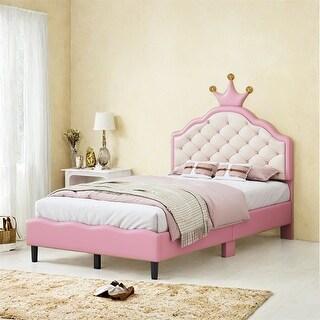 Twin Size Crown Fantasy PU Leather Princess Bed with Tufted Headboard ...
