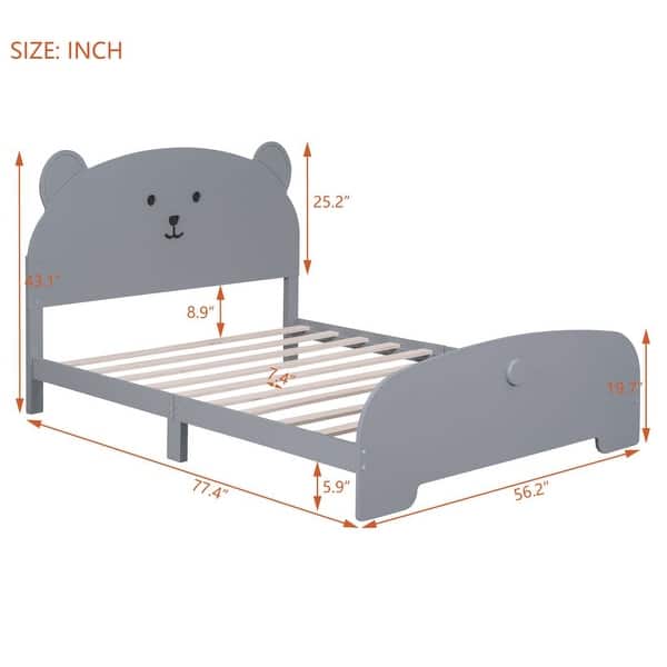 Bear Shape Full Size Bed Grey Wood Frame Cute Headboard for Kids - Bed ...