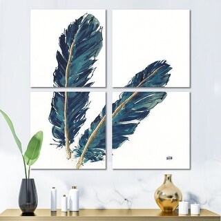 Designart "Gold Indigo Feathers IV" Bohemian & Eclectic Canvas Wall Art ...