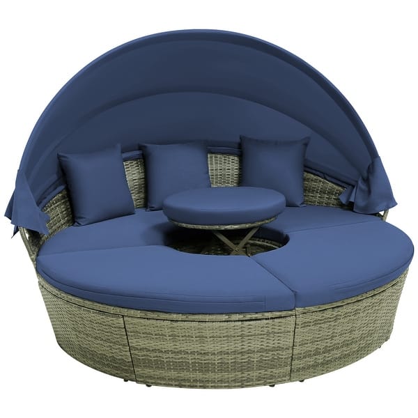 Patio Rattan Daybed Outdoor Sectional Seating with Side Table & Canopy ...