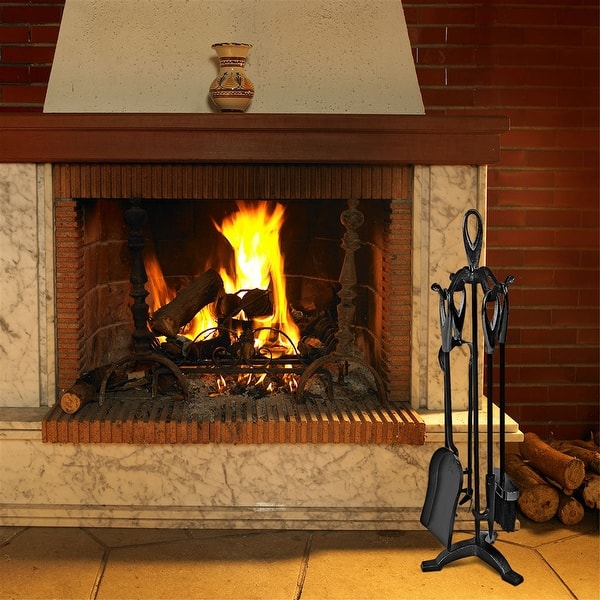 5-Pieces Rustic Heavy Duty Compact Wrought Iron Fireplace Tools Set ...