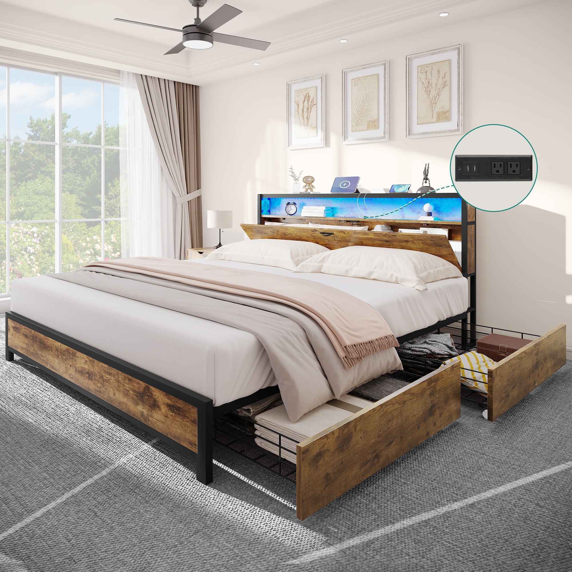 Queen LED Bed Frame with 4 Drawers and 2 USB Charging Station - On Sale ...