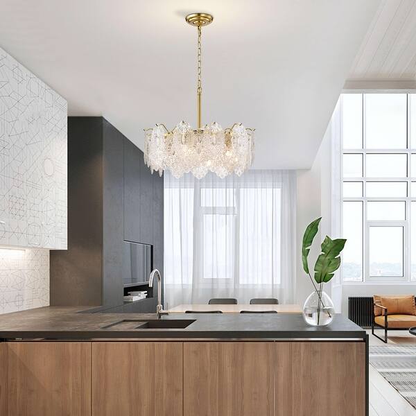 Alma Brushed Shiny Brass 6-Light Tiered Leaf-shaped Glass Chandelier ...