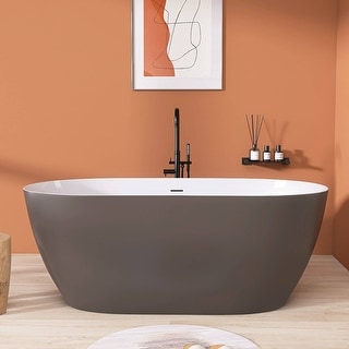 ZEAFIVE Matte Gray Freestanding Acrylic Bathtub Flatbottom Soaking Tub ...