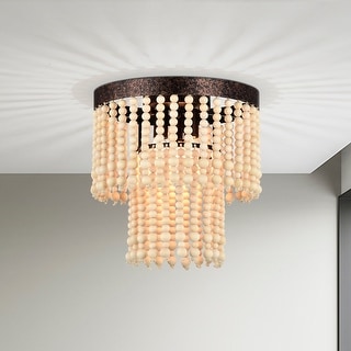 Wood Beaded Flush Mount Chandelier Boho Ceiling Light Fixture 3-Light ...