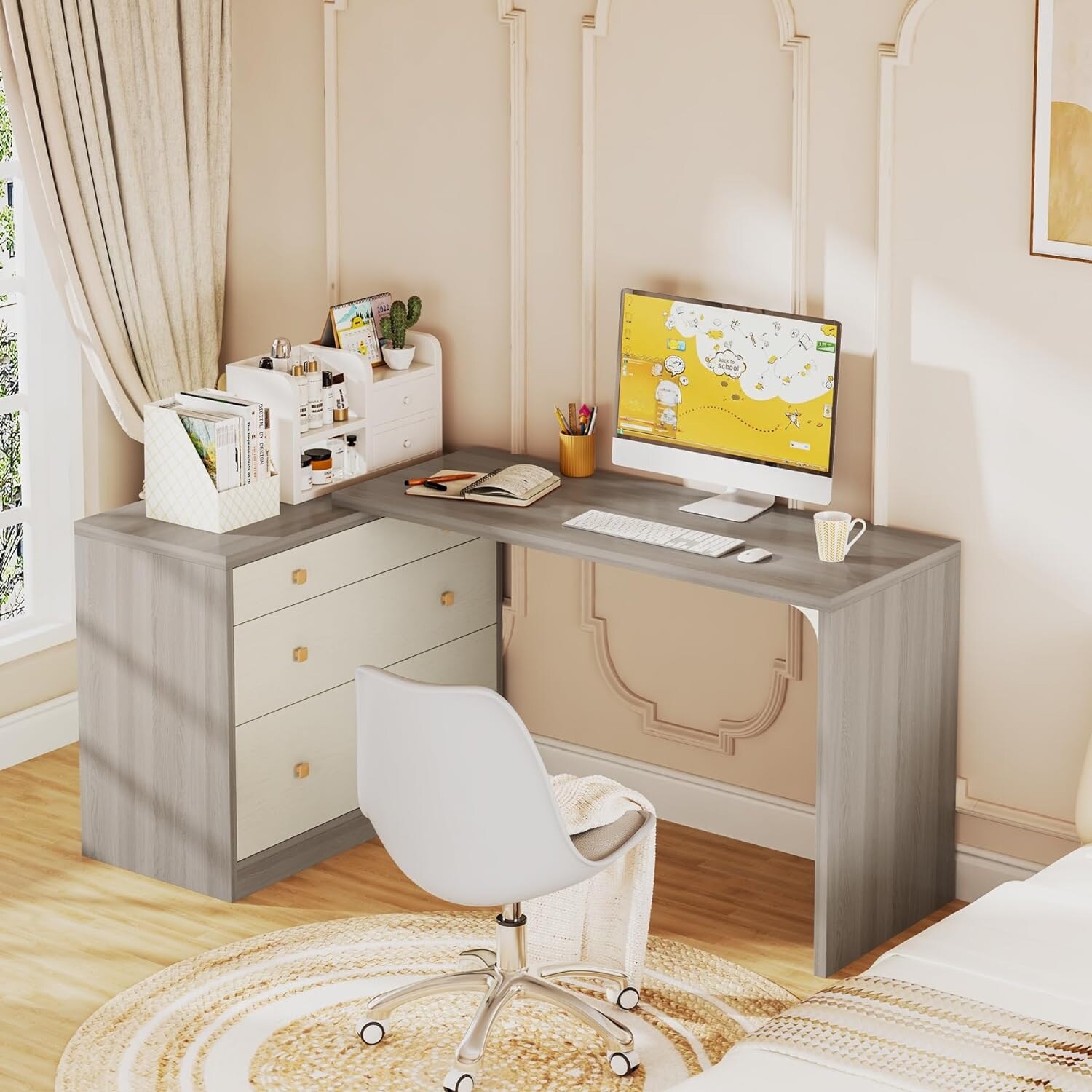 59 inch L Shaped Computer Desk with Storage Drawers for Home Office ...