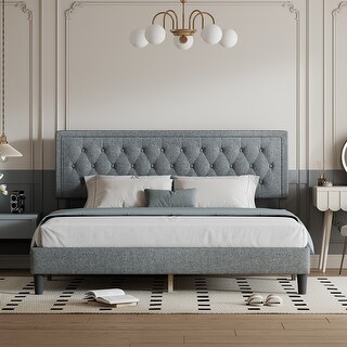 Light Gray King Size Linen Panel Bed Frame w/ Adjustable Button-Tufted ...