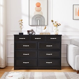 Bedroom Rustic Wooden 9-Drawer Long Dresser with Antique Handles - Bed ...