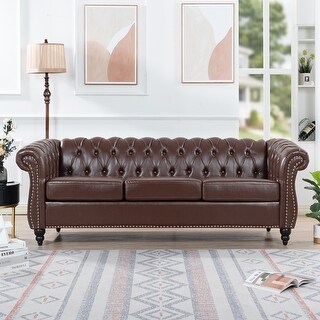84" PU Leather Seat Cushions Three Seater Sofa, Rolled Arm Sofa - Bed ...