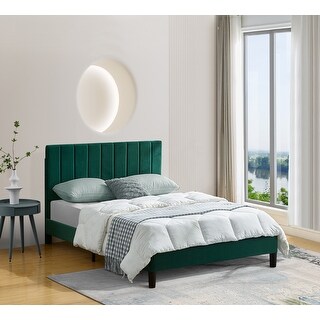 Green Upholstered Full Platform Bed with Headboard and Heavy-Duty Frame ...