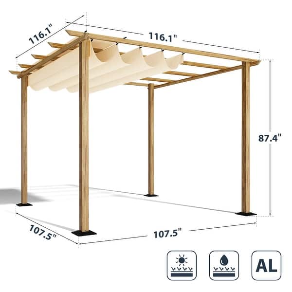 10 ft. x 10 ft. Wood Grain Aluminum Outdoor Pergola with Retractable ...