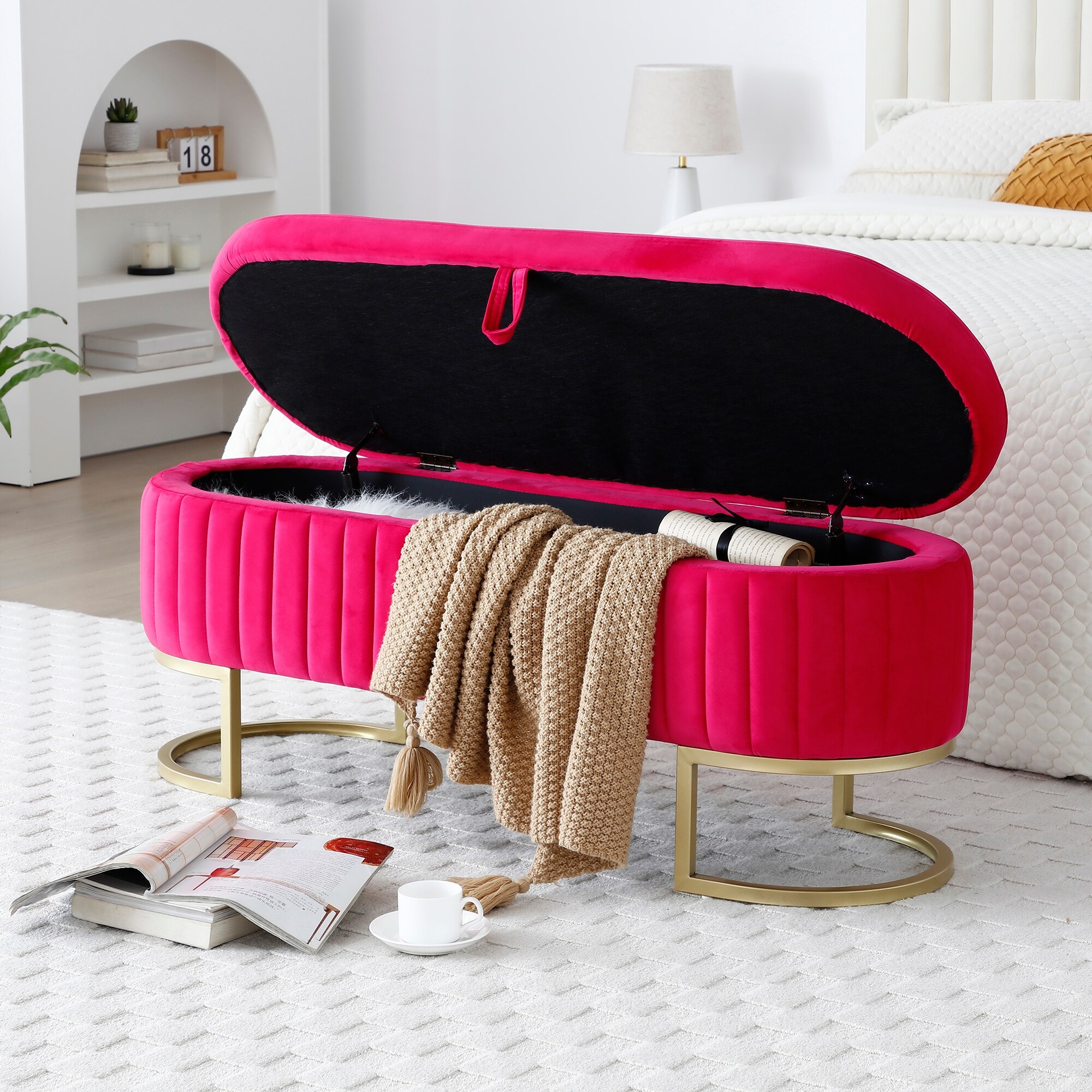 50 Inch Rose Red Velvet Storage Bench Upholstered with Golden Legs Modern Ottoman Bed Bath Beyond 41149375