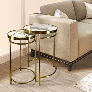 22, 20 Inch Round 2 Piece Marble Top Nesting End Table Set with Metal ...