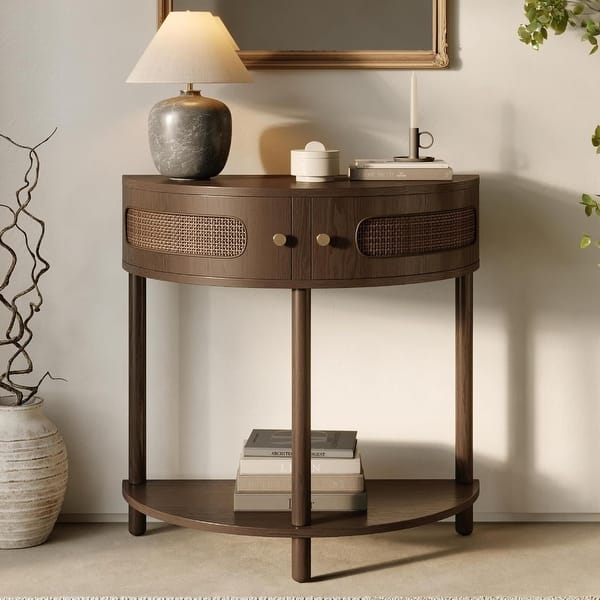 Rattan Half Moon Console Table - Small Entry Table with Storage ...