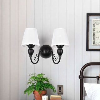 2 - Light Simple Round Wall Sconce with White Shades - Matte Black ...