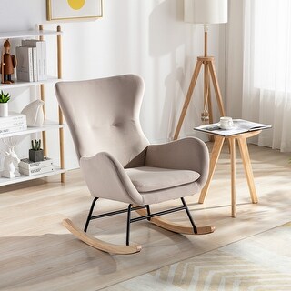 Metal Frame Rocking Chair w/Fabric Upholstery & Solid Wood Legs,Beige ...