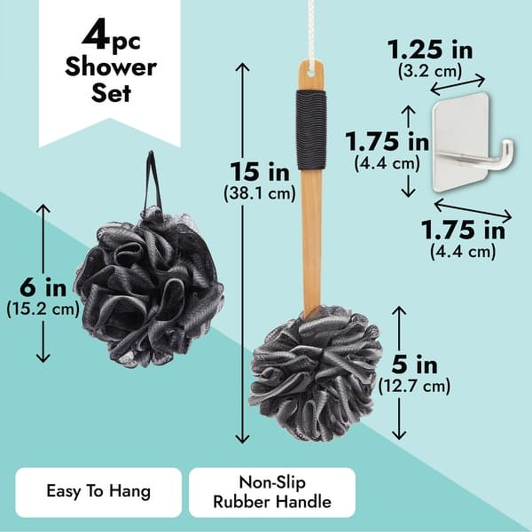 4 Pack Exfoliating Loofah Set with Long Handle Back Scrubber, 2 Shower ...