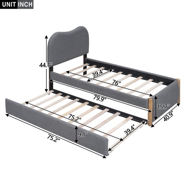 Twin Size Upholstered Bed with Wooden Feet and Pull-Out Trundle - Bed ...