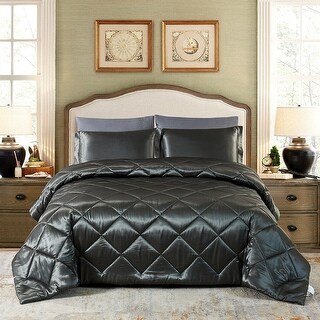 8 Pic Silky Satin Comforter Set Soft Luxury Quilted Queen Dark Gray ...