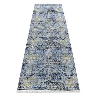 Shahbanu Rugs Steel Blue Broken and Erased Art and Crafts Silk with ...