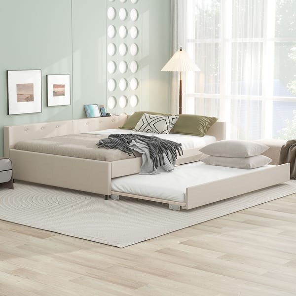Beige Grounded Low-profile Platform Bed Frame Daybed w/USB,Trundle - On ...