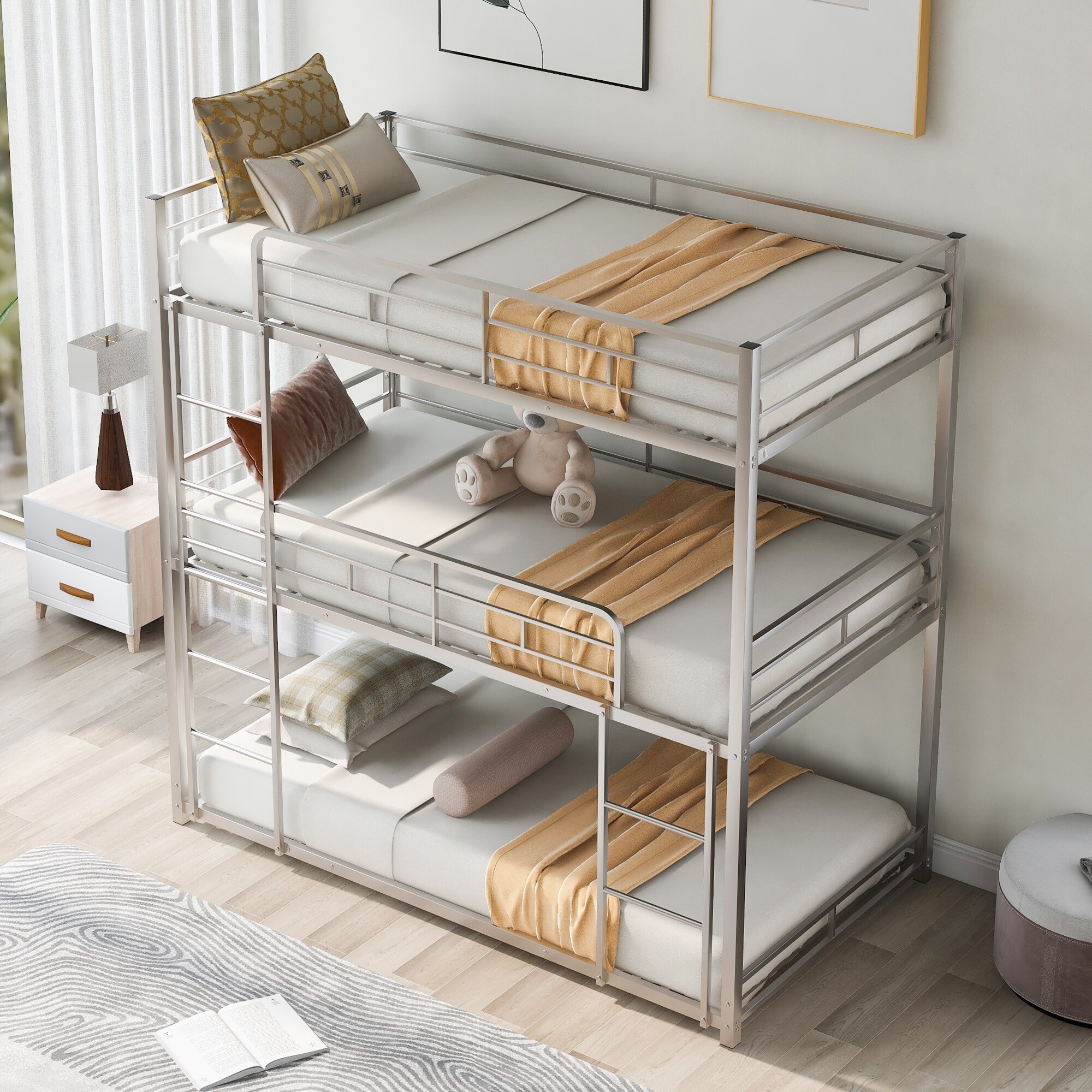 Metal Triple Bunk Bed with Ladder Guardrails Silver