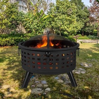 Fire Pit Set, Wood Burning Pit with Screen Cover and Log Poker Outdoor ...