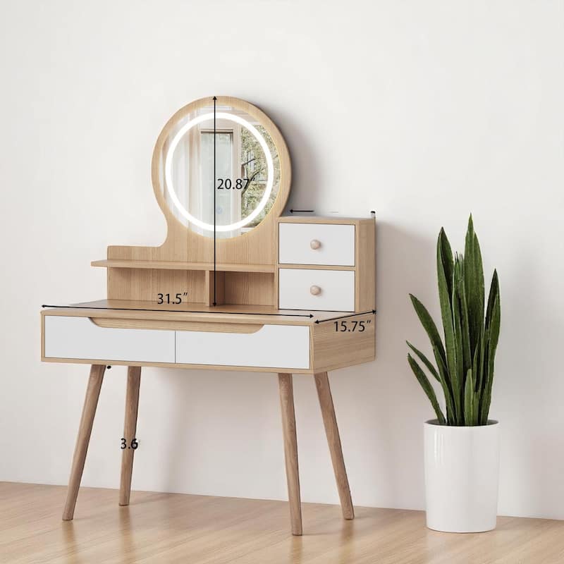 Modern Vanity Set with 3-Color LED Mirror, 4 Drawers & Open Shelves ...
