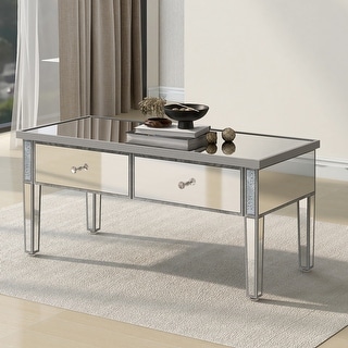 Modern Glass Mirrored Coffee Table with 2 Drawers, Cocktail Table with ...
