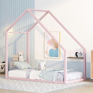 Pink Metal House Bed for Kids Open Design with Roof Canopy - Bed Bath ...
