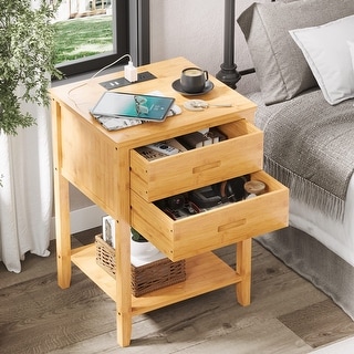 Nightstand with Charging Station, Bamboo End Tables with USB Ports and ...