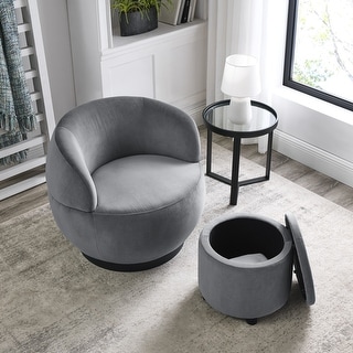 Velvet Swivel Barrel Chair Sets w/ Storage Ottomans, Accent Sofa, Grey ...