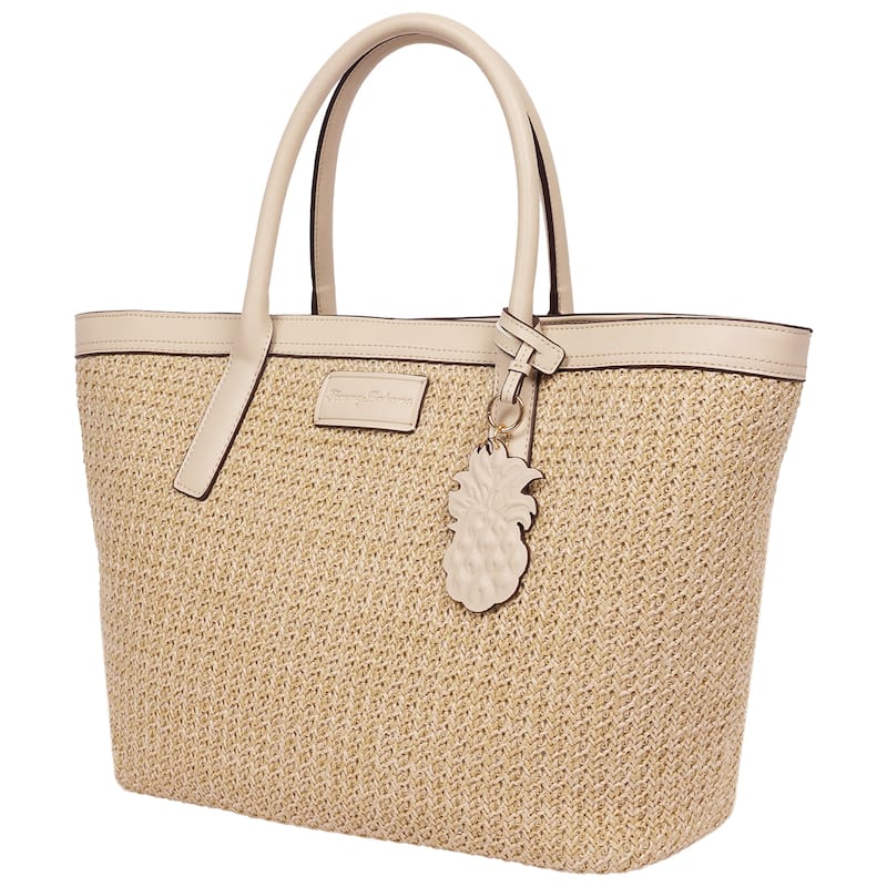 Tommy Bahama Raffia & PU Large Logo Tote - Woven Straw Beach Tote with ...