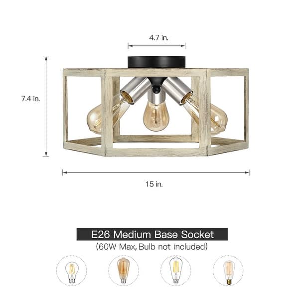 15 in. 3-Light Wood Tone Modern Farmhouse Semi-Flush Mount Ceiling ...