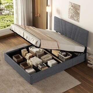 Linen Upholstered Storage Bed with Tufted Headboard and Hydraulic Lift ...