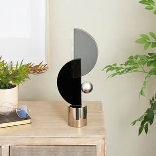 Black Glass Abstract Decorative Sculpture with Silver Orb and Base ...