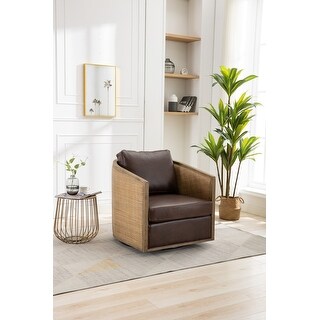 Leather Upholstered Swivel Bucket Chair, Living Room Woven Armchair ...