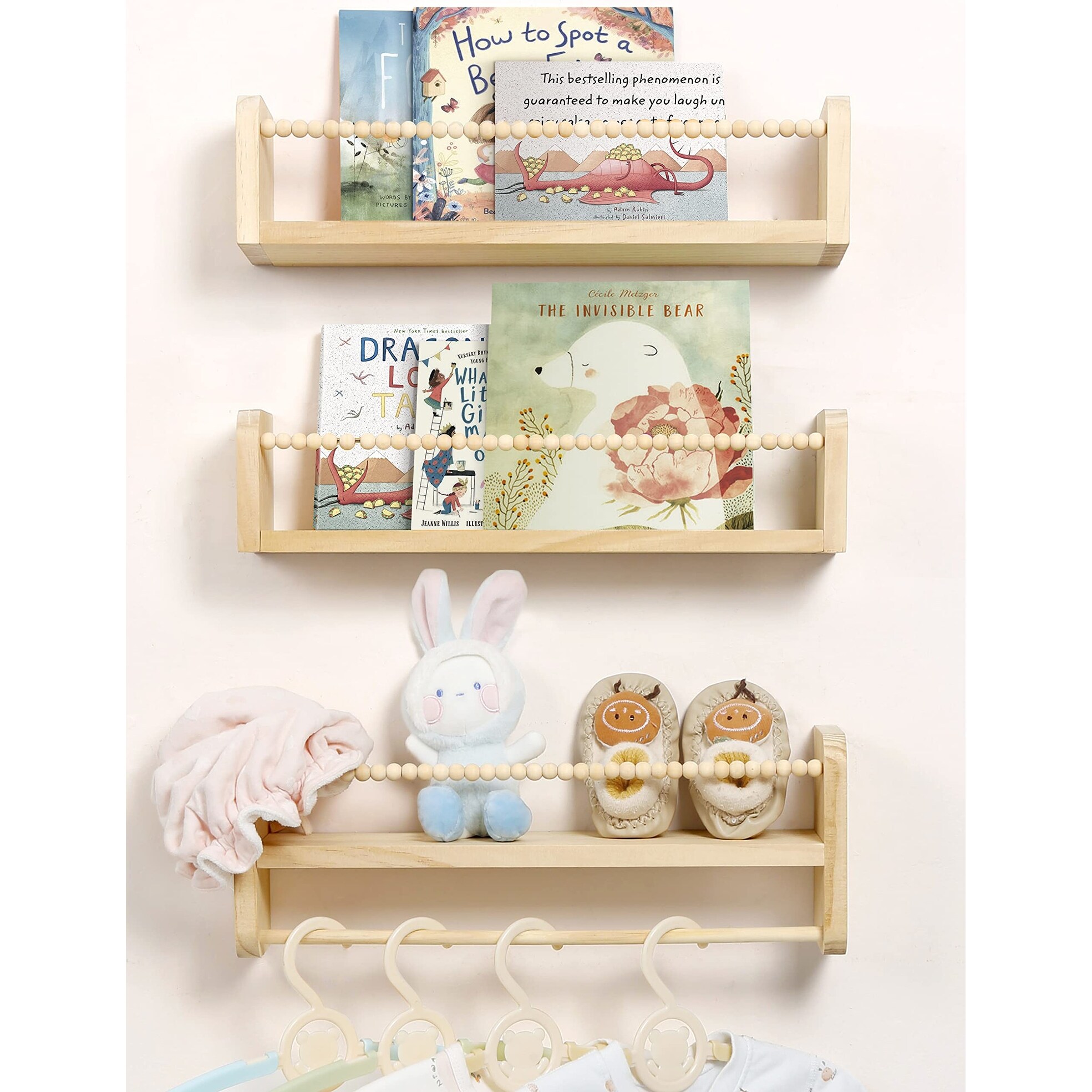 Nursery Floating Shelves Set of 3 Book Shelves Natural Wood Wall Mounted Organizer with Towel Bar Hanging Bookshelves Nursery Brown