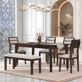 Traditional Style 6pcs Dining Set with 4 Upholstered Chairs and Bench ...