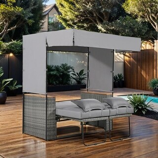 2 Pcs Outdoor Bench Lounge Roof Set with Canopy and Adjustable Backrest ...