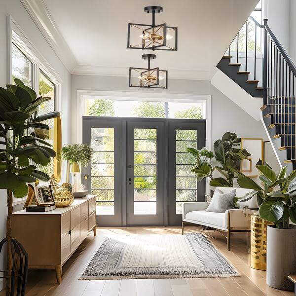 Modern Black Gold 3-Light Sputnik Semi-Flush Mount Ceiling Light Cage ...